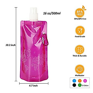 KASCNR 5pcs Collapsible Water Bottles Reusable Canteen Foldable Drinking Water Bags with Clip for Gym, Sports, Teams, Hiking, Camping,Biking,Outdoors,Beach,Traveling,Yoga & More,5 Colors（16 oz）