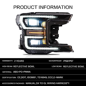 VLAND Headlights Assembly Fit for Ford F150 2018-2020, XL, XLT, Platinum, Lariat, Limited, SSV, King Ranch, Full LED Headlamp with DRL, Sequential Turn Signal, Plug-and-play, Black