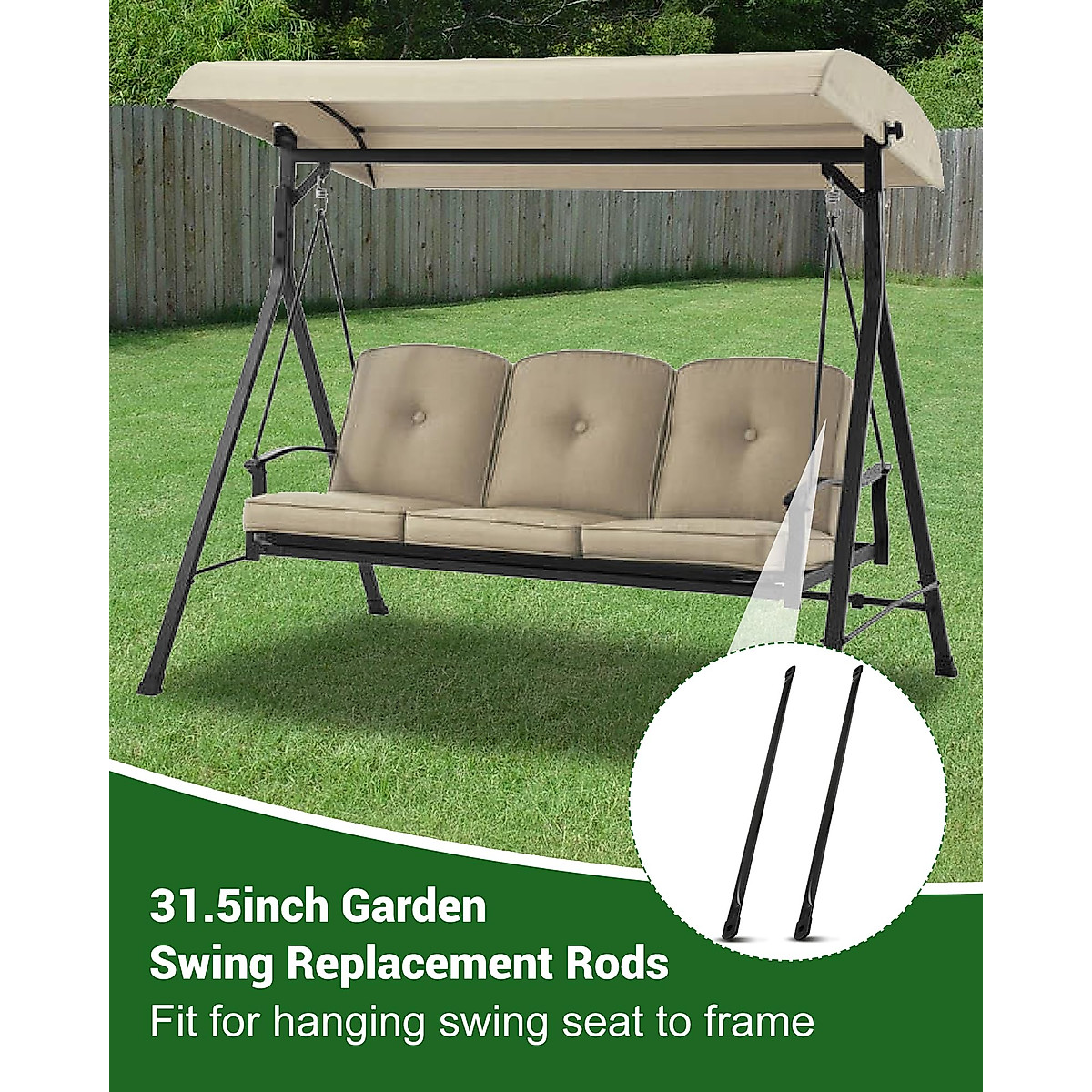 31.5inch/80cm Garden Swing Replacement Rods(2PCS), Metal Material, Black Powder Coating Round Rods, Fit for Hanging Swing Seat to Frame