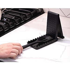 S&T INC. Pot Lid Holder and Spoon Rest for Kitchen Counter, Pot Lid Rack and Cooking Utensils Rest, 3.1 Inch x 8.3 Inch x 5.9 Inch, Black