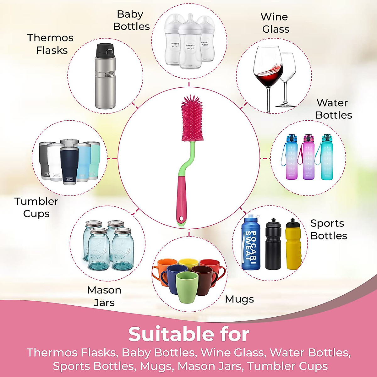 Triplevo 3 in 1 Silicone Baby Bottle Cleaning Brush Kit with Stand – Baby Cleaning Brush Set for Baby Milk Bottles Straws Breast Pumps & Other Accessories – Capable to 360° Overall Cleaning (Pink)