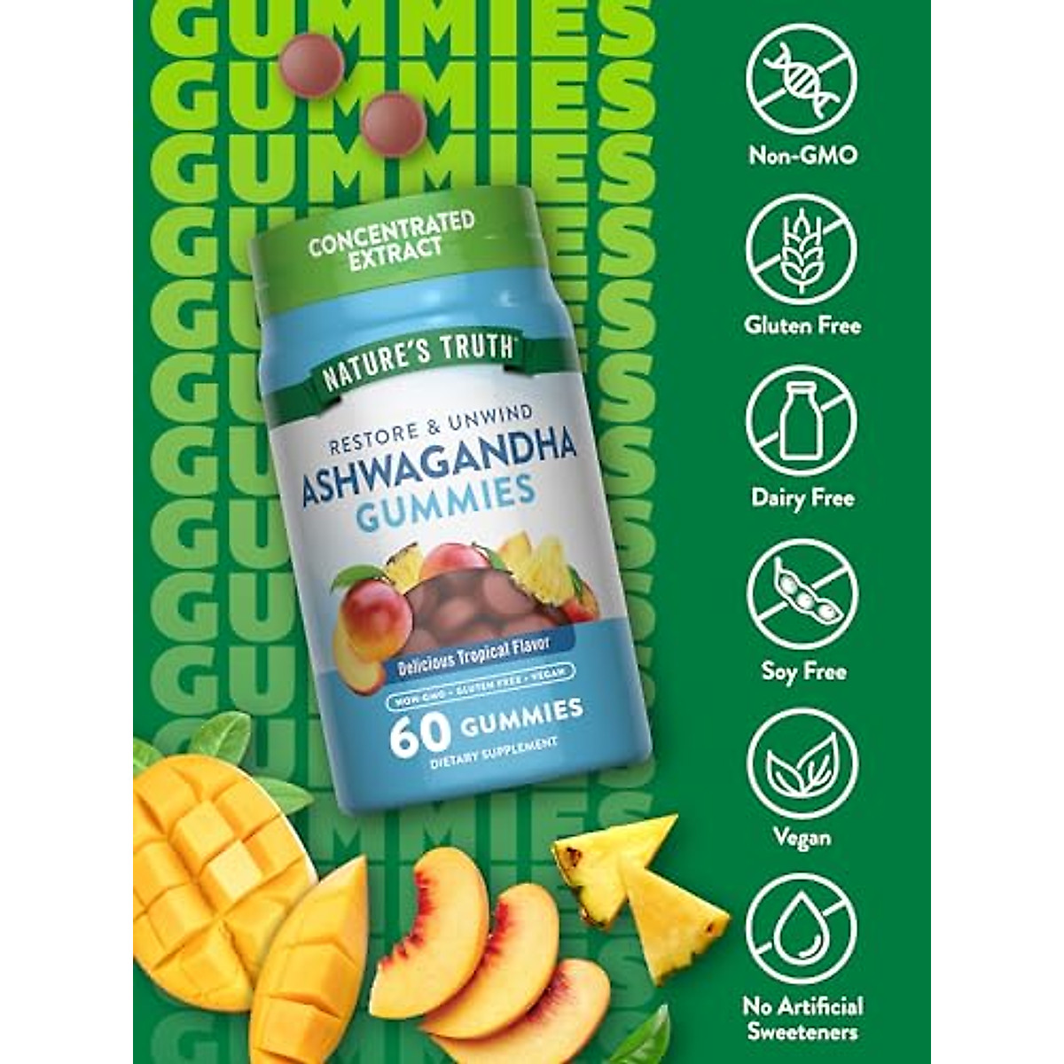 Nature's Truth Ashwagandha Gummies | 60 Tropical Flavor Gummies | Vegan, Non-GMO, & Gluten Free Supplement
