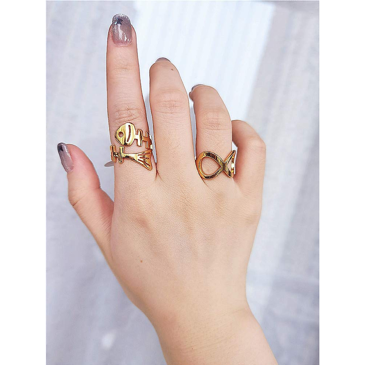 Dtja Punk Fish Bone Open Band Rings for Women Stainless Steel Statement High Polished Skeleton Comfort Fit Tarnish Resistant Exquisite Expandable Ring Personalized Jewelry (Gold 6)