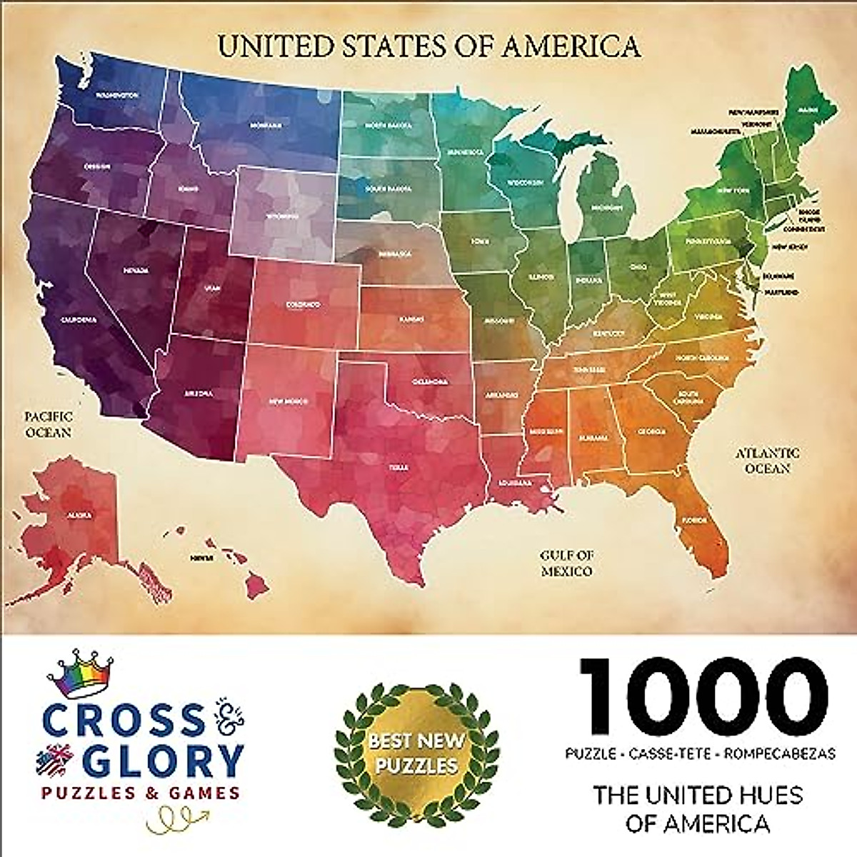 The United Hues of America by Cross & Glory - Premium 1000-Piece Educational Jigsaw Puzzle - Eco-Friendly, Vibrant & Unique USA Map - Perfect for Family Fun - Challenging Brain Game & Great Gift Idea