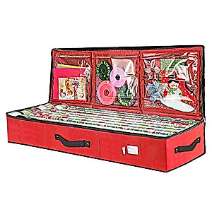 Primode Wrapping Paper Storage Container, Gift Wrap Organizer Under Bed, 41”x14”x6”, Fits 18-24 Rolls Up to 40”, Durable 600D Oxford Material, Wrap Storage Box Holder with Pockets for Ribbon, Bows, and Accessories (Red)