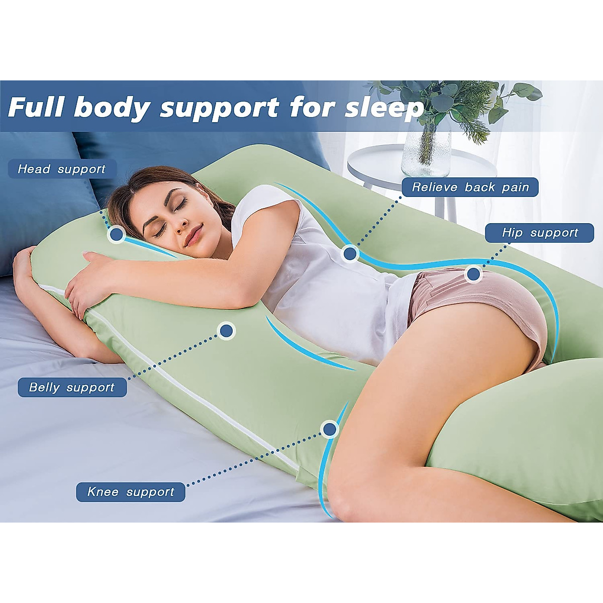 AngQi Pregnancy Pillow, U Shaped Pregnancy Body Pillow, Pregnancy Pillows for Sleeping with Cooling Cotton Zipper Removable Cover (Pale Green)