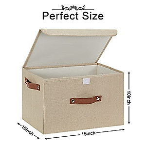 WLFRHD Fabric Storage Baskets with Lids 15x10x10 inches Collapsible Decorative Storage Boxes with Lids Closet Storage Bins Organizer Storage Works Fabric Storage Boxes with Handles for Toys Shelves Clothes (Khaki,3-Pack)