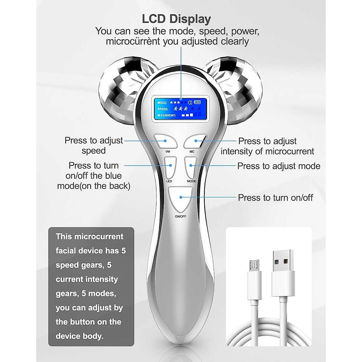 Winyoung Microcurrent Facial Device, Microcurrent Face Massager Roller, 4D Facial Massager Beauty Skin Care Tool for Face Eye Neck, Gifts for Women