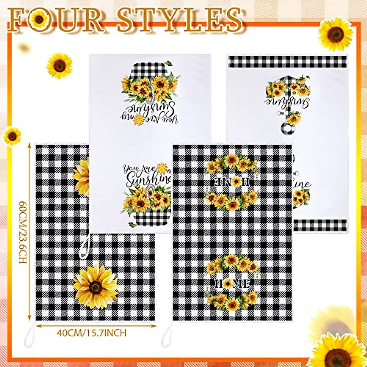 Bencailor 4 Pcs Sunflower Kitchen Towels Decorative Dish Towels Funny Hand Towel Absorbent Kitchen Cloths Buffalo Plaid Tea Towels Housewarming Gifts 16 x 24 Inch (Plaid, Yellow, Sunflower)
