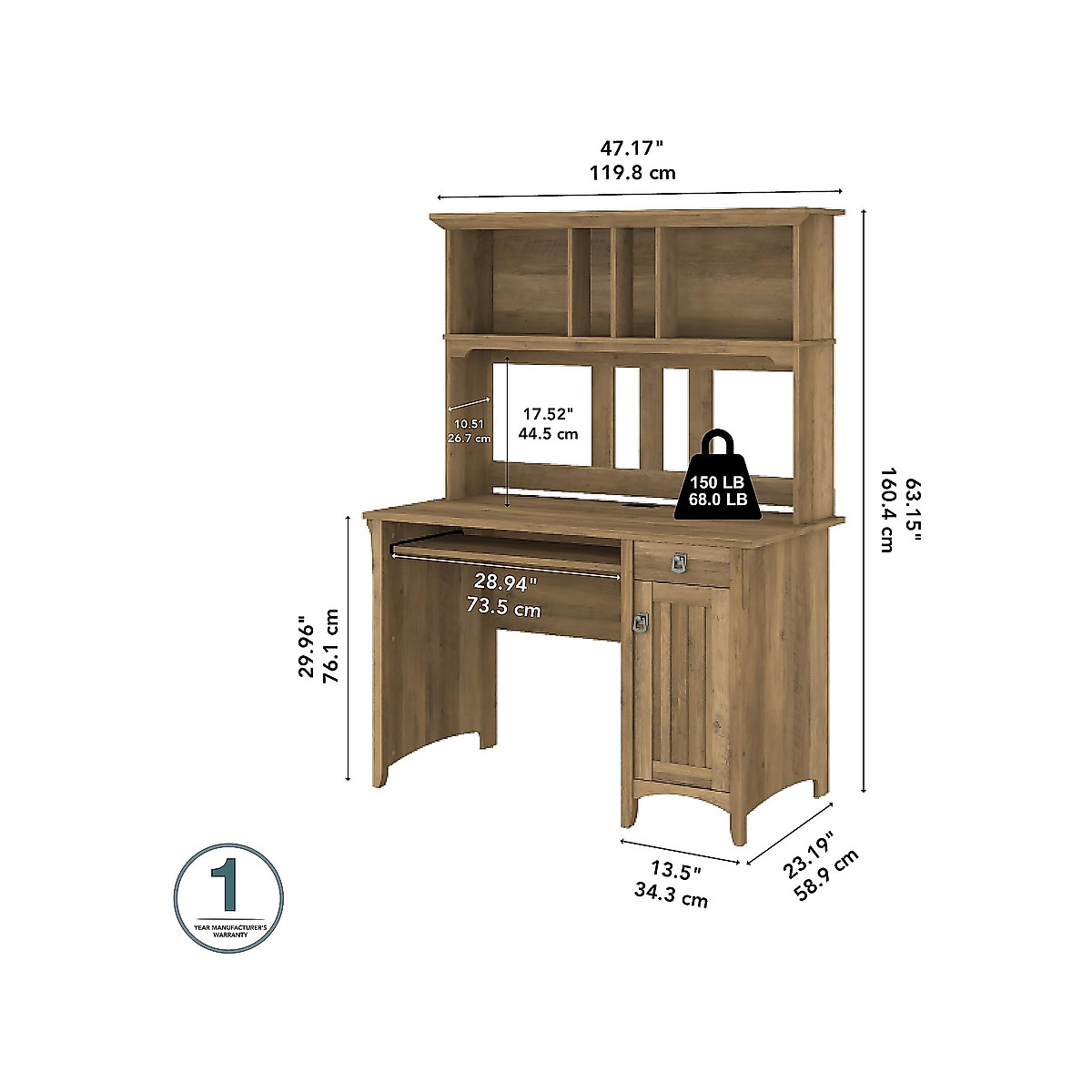 Bush Furniture Salinas Computer Desk with Hutch | Study Table with Drawers, Cabinets & Pullout Keyboard/Laptop Tray | Modern Home Office Desk in Reclaimed Pine | Work Desk with Storage