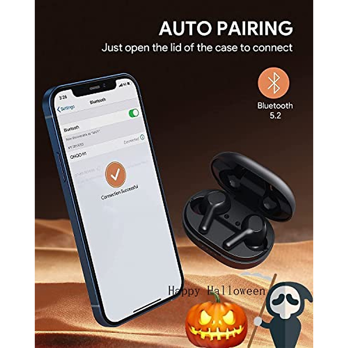 QHQO Wireless Earbuds, Bluetooth V5.2 Earbuds with Reduction Touch Control, Noise Cancelling Bluetooth Headphones with Deep Bass Sound in Ear Earphones for iPhone and Android