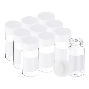 PATIKIL 10pcs 20ml Small Clear Glass Vials with White Screw Cap, Borosilicate Glass Sample Bottles with Writing Label for Solid Liquid Powder Storage