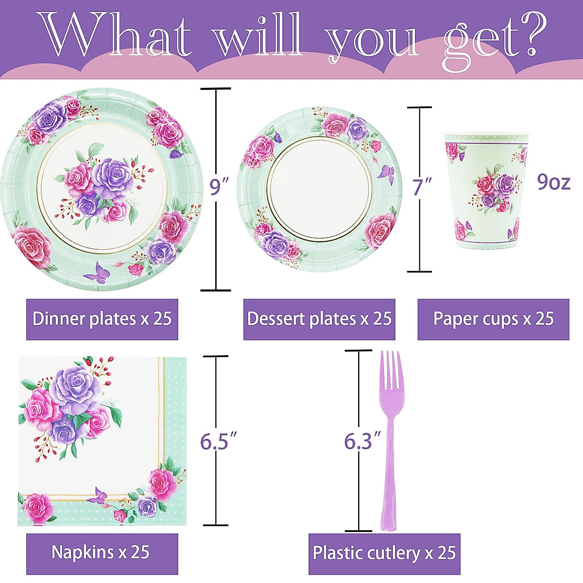 Decodinli 125 PCS Floral Party Supplies, Floral themed Disposable Plates, Cups, Napkins for Birthday, Baby Shower, Bridal Shower, Tea Party, Mothers Day, Serves 25