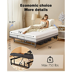 Miscoos King Size Adjustable Bed Frame with Quiet Motor - Head & Foot Incline, Zero Gravity, Wireless Remote Control, Easy Installation (79" L x 74" W x 12.72" H)