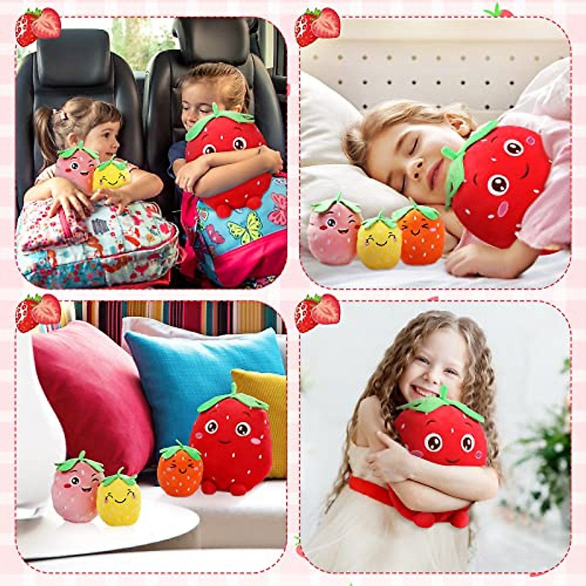 Queekay 4 Pieces Soft Strawberry or Pineapple Pillow Stuffed Toy Food Pillows Fruit Plush Pillow Kids' Plush Toy Pillows Fruit Hugging Cushion for Home Bedroom Office Supplies (Strawberry)
