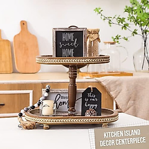 FESTWIND Oval Tiered Tray, Beaded Rustic Tiered Tray, Two Tiered Tray Stand for Kitchen Counter, Farmhouse Decorative Trays for Home Decor Distressed Brown