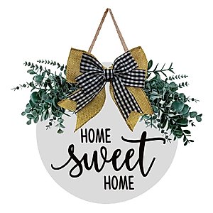 MayAvenue Home Sweet Home Wreaths Decor Sign Front Door, Round Wood Hanging Sign with Ribbon Bow and Artificial Green Leaves, Farmhouse Porch Decorations for Home Thanksgiving, White