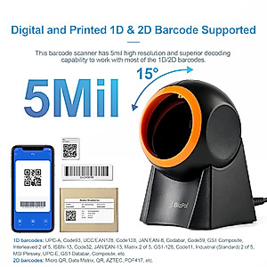 BizPal Hands-Free Desktop 1D & 2D Barcode Scanner, Omnidirectional Automatic USB Barcode Reader, Adjustable Screen Scanning, Plug and Play, Suitable for Supermarket, Restaurant, Retailers, BSC-4000