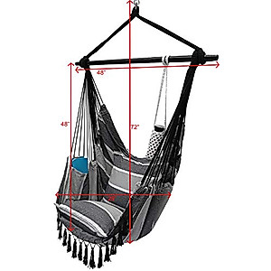 Project One Hanging Rope Hammock Chair, Hanging Rope Swing Seat with 2 Pillows, Carrying Bag, and Hardware Kit Perfect for Outdoor/Indoor Yard Deck Patio and Garden, 300 Pound Capacity (Grey Stripe)
