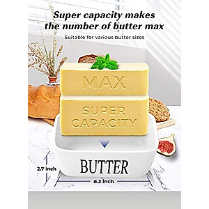 Large Butter Dish,Ceramic Butter Dish with lid and knife, Butter Keeper Double Silicone Seals, Easy Clean, Butter Dishes with Covers Perfect for 2 Sticks of Butter West or East Coast Butter, White