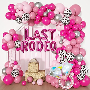Cowgirl Pink Balloons Arch Garland Kit, 131Pcs Hot Pink Silver Cow Print Last Rodeo Diamond Foil Balloon for Western Disco Cowgirl Birthday Party Bachelorette Baby Bridal Shower Wedding Decorations