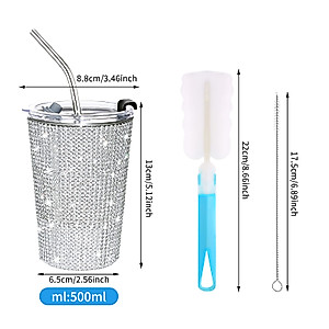 16 oz Bling Diamond Straw Cup Bling Rhinestone Stainless Steel Thermal Bottle Refillable Insulated Glitter Water Bottle 2 Pcs Blue Cup Brushes 6 Pcs Straw Brushes for Women Female Girls (Silver)