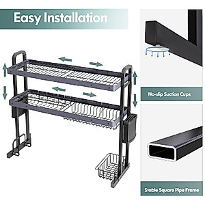MAJALiS Over Sink Dish Drying Rack, Stainless Steel 2 Tier Large Dish Drainer Above Sink Adjustable 27.5" - 33.5", Expandable Kitchen Counter Organizer Storage Shelf with 6 Hooks
