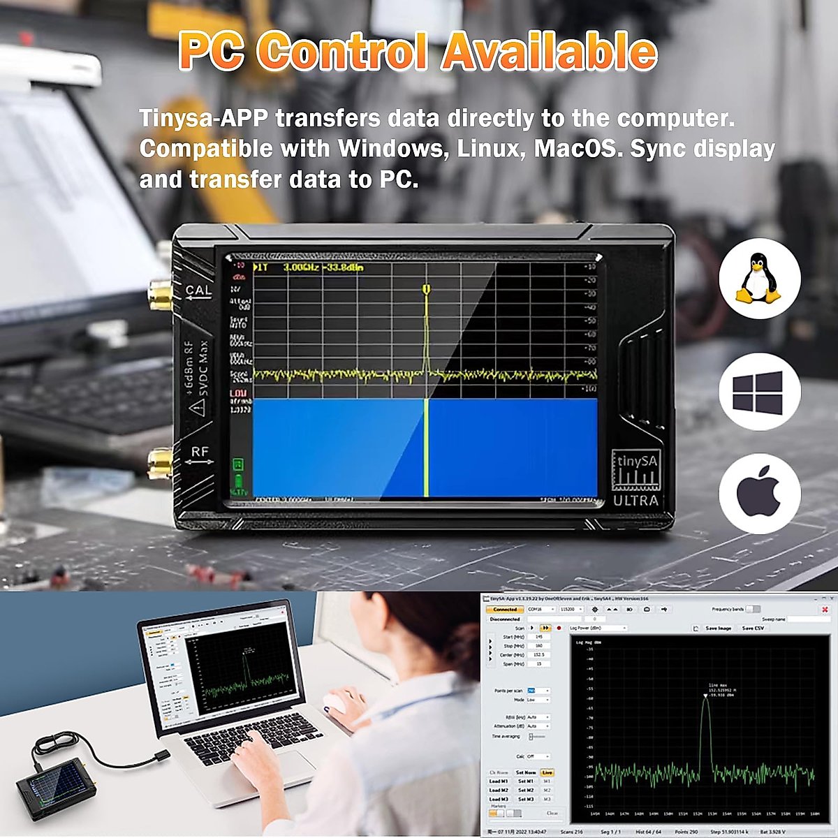 AURSINC TinySA Ultra+ ZS406 Spectrum Analyzer with 50W Attenuator, 2025 4inch 100kHz-5.4GHz V0.4.6 Portable Frequency Analyzer with 32Gb Card,2in1 Signal Generator 100kHz to 900MHz MF/HF/VHF UHF Input