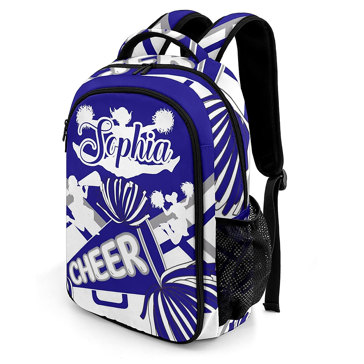 Anneunique Personalized Name Cheerleaders Backpack Custom Multifunctional Waterproof Laptop Bag for Travel Gift Cheer Pom Navy Blue White