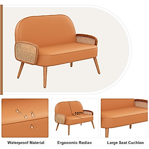 WENTMENT Loveseat Sofa Small Couch for Living Room, Faux Leather Mini Couch Love Seat with Natural Rattan Armrest and Solid Wooden Legs Small Sofa for Small Space, Bedroom, Apartment（Orange）