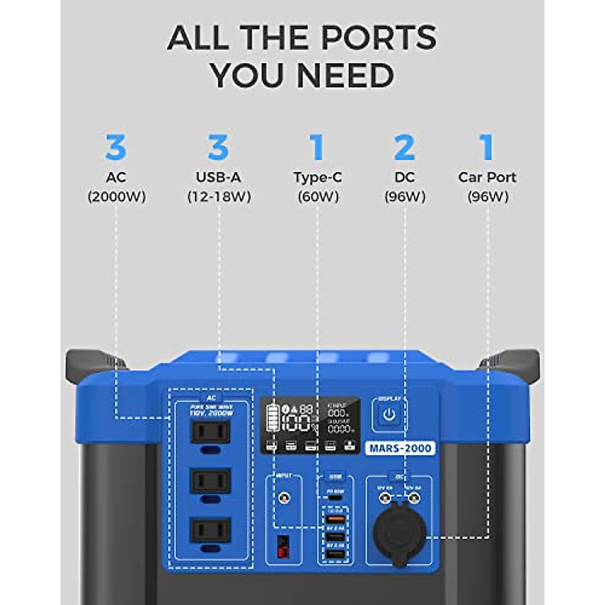 LIPOWER 2000W Portable Power Station LiFePO4, MARS-2000 Solar Powered Generator, 1460Wh Battery Backup With AC Outlets Power Supply Portable Generator For Outdoor Camping, RV, Emergency (Blue)