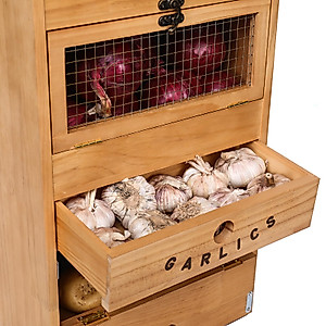 ARTAWEIN Pine Wood Veggie Bin for Potato, Onion and 1 Garlic Drawer Vegetable Box for Kitchen Storage, Solid Wood Vegetable Bin 13.77" L X 7.1" W X 29.3" H (Rustic Brown)