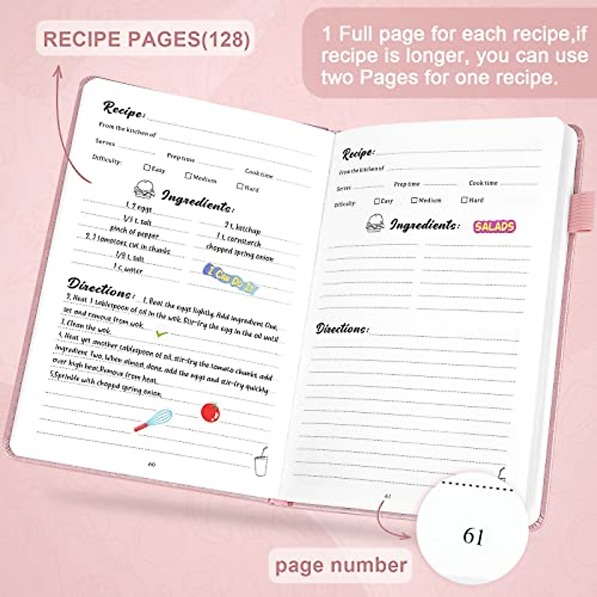 JUBTIC Blank Recipe Book to Write in Your Own Recipes, Personal Cook Book to Write in and Hardcover Recipe Notebook with 2 colorful stickers for Family Recipes, Hold up to 128 Recipes - Rose Gold