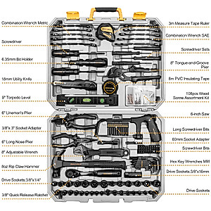 DEKOPRO 218-Piece General Household Hand Tool kit, Professional Auto Repair Tool Set for Homeowner, General Household Hand Tool Set with Plier, Screwdriver Set, Socket Set, with Portable Storage Case