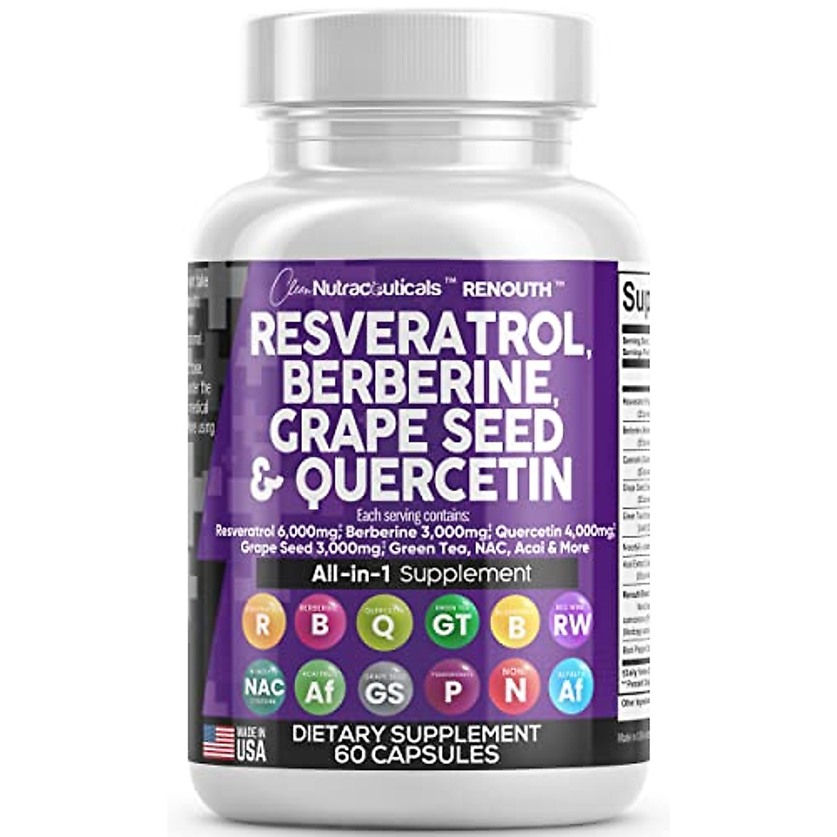 Resveratrol 6000mg Berberine 3000mg Grape Seed Extract 3000mg Quercetin 4000mg Green Tea Extract - Polyphenol Supplement for Women and Men with N-Acetyl Cysteine, Acai Extract - Made in USA 60 Caps