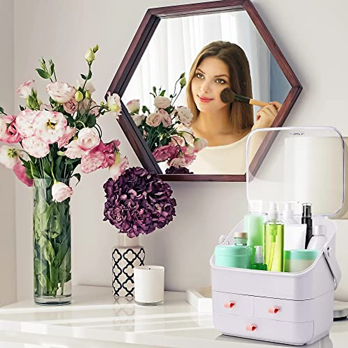 Elavain Cosmetics Organizer Countertop Makeup Holder, Plastic Caddy Skincare Organizers and Storage, Bathroom Shelf Organizer w/ Portable Handle, Lid made of Waterproof & Dustproof Acrylic Fully Open