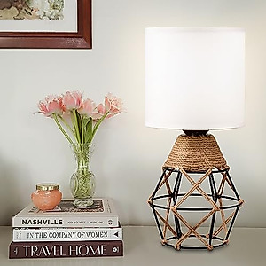 Hamilyeah Boho Lamp, Woven Table Lamp for Nightstand with On/Off Switch, Bedroom Lamp with White Fabric Shade, Simple Lamp for Bedside, Living Room