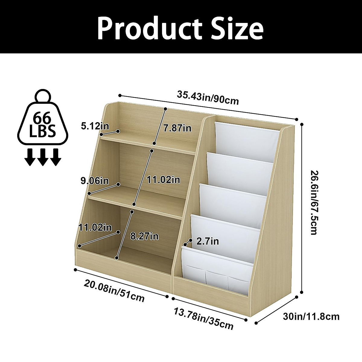 Arbuxzuy Kids Bookshelf and Toy Storage, 3 Tier Wooden Kids Bookcase with Storage, Floor-to-Ceiling Baby Book Organizer with Sling, Children Book Rack for Playroom, Classroom, Nursery, Natural
