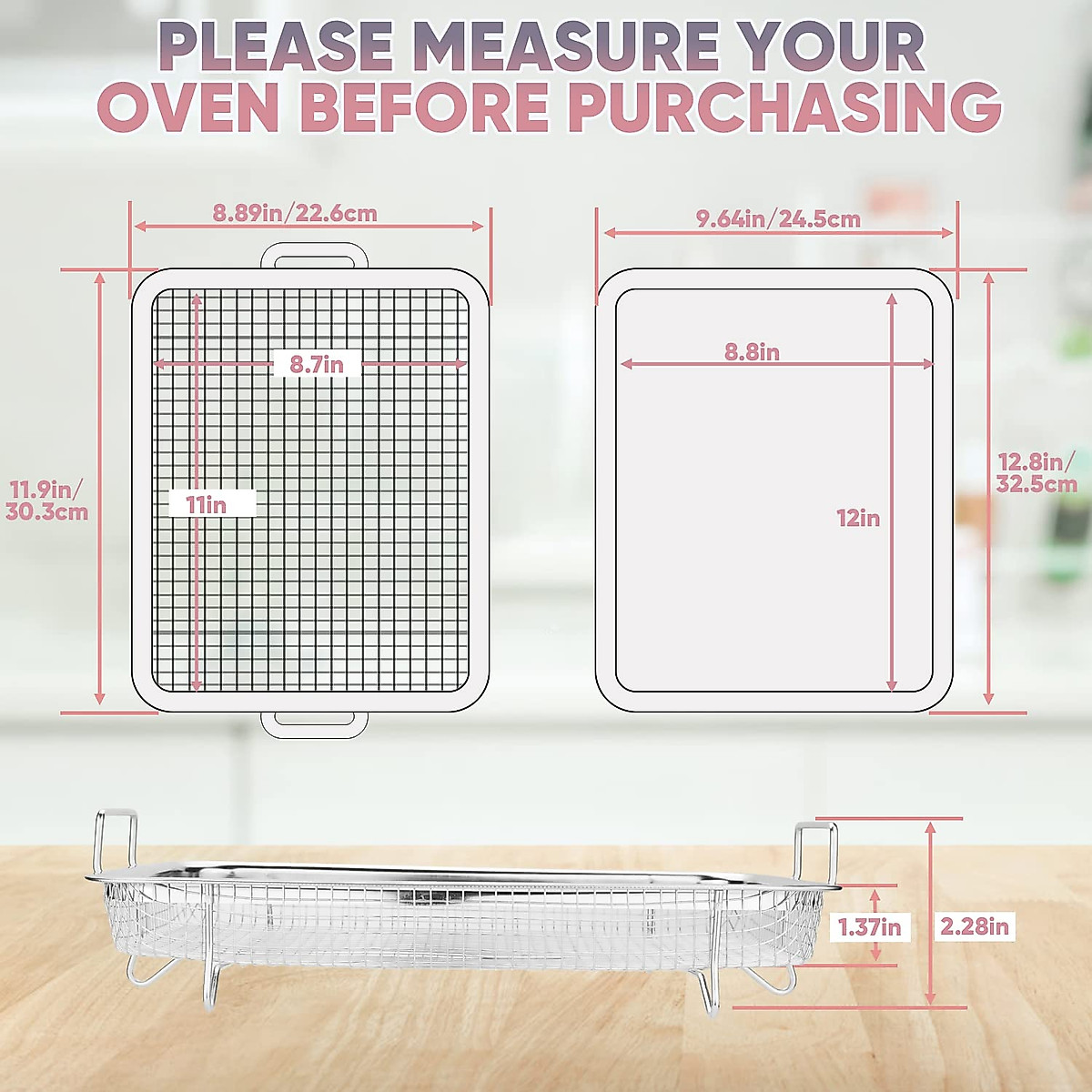 Stainless Steel Air Fryer Basket for Oven, Air Fryer Crisper Tray & Basket with Tongs, 12.8" x 9.6" x 2.3" Oven Air Fry Mesh Basket Set, Oven Air Fryer Basket Set for Chicken/Roasting/French Fry