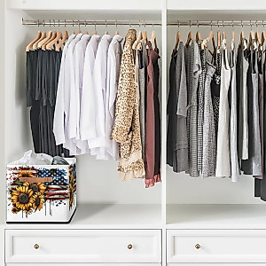 oooJHooo Storage Baskets for Shelves, Sunflower American Flag Waterproof Storage Bins, Collapsible Toy Storage Cubes Organizer with Handles, for Home Closet Nursery Office