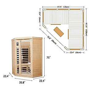 Xmatch Far Infrared Wooden Sauna Room, 2-Person for Corner Space, with 1600W, 7 Low EMF Heaters, 2 Bluetooth Speakers, 2 LED Reading Lamp and 3 Chromotherapy Lights