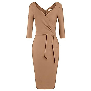 MUXXN Ladies Retro Cut Out Neck Elbow Sleeves Graduation Party Pencil Dress (Camel L)