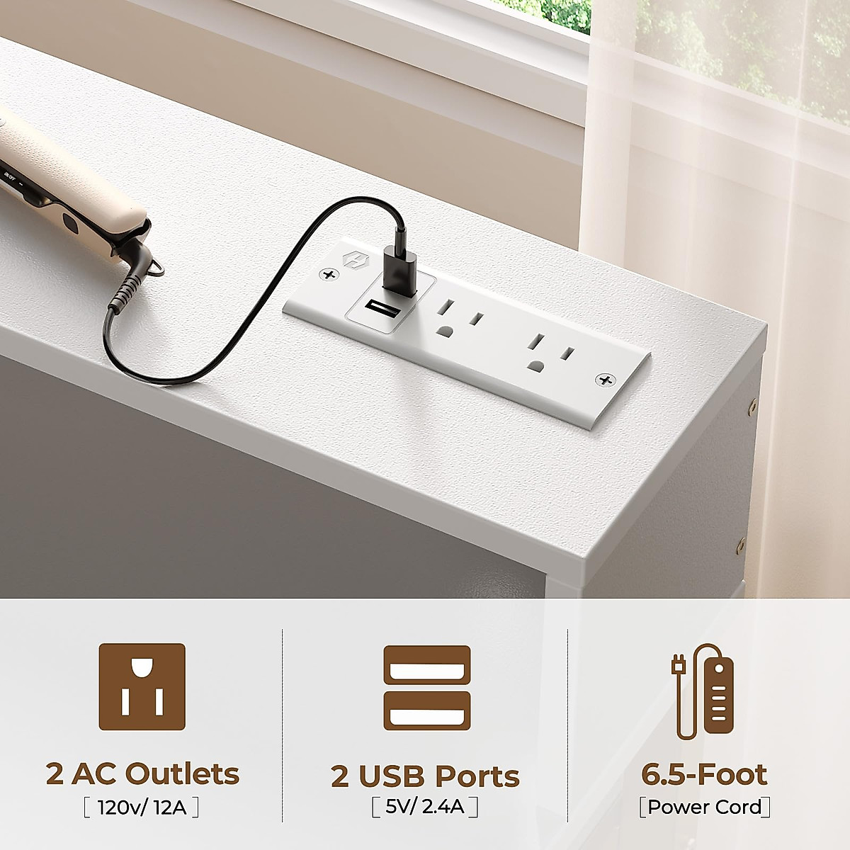 Seventable Vanity Desk Without Mirror, Makeup Vanity with Drawers and Charging Station, Small Desk with Storage for Bedroom, Simple Home Office Computer Desk for Small Spaces, White and Gold Leg