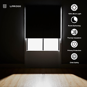 LINKCOO 100% Blackout Roller Window Shades, Room Darkening Window Blinds with Thermal Insulated Fabric, Corded Roll pull down shades for home and office (Black - Width 20", Max Drop Height 79")