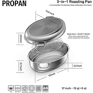 PROPAN Roasting Pan with Rack and Lid 12 Quart,18/10 Stainless Steel Multi-Use Oval Dutch Oven, Induction Compatible Dishwasher/Oven Safe Turkey Roaster,17 Inch