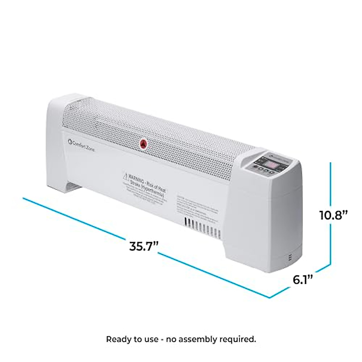 Comfort Zone Baseboard Space Heater with Digital Thermostat, Electric, Dent-Proof End Panels, Overheat Protection, Tip-Over Switch, & Stay-Cool Body, For Home, Bedroom, & Office, 1,500W, CZ650BWT
