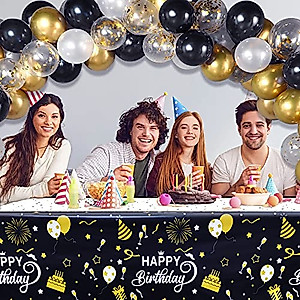 Gold Black Happy Birthday Extra Large Fabric Sign Poster Background Banner with 2pcs Waterproof tablecloths and 50pcs Metallic Shiny Latex Balloons for Birthday Party Backdrop Decoration Supplies