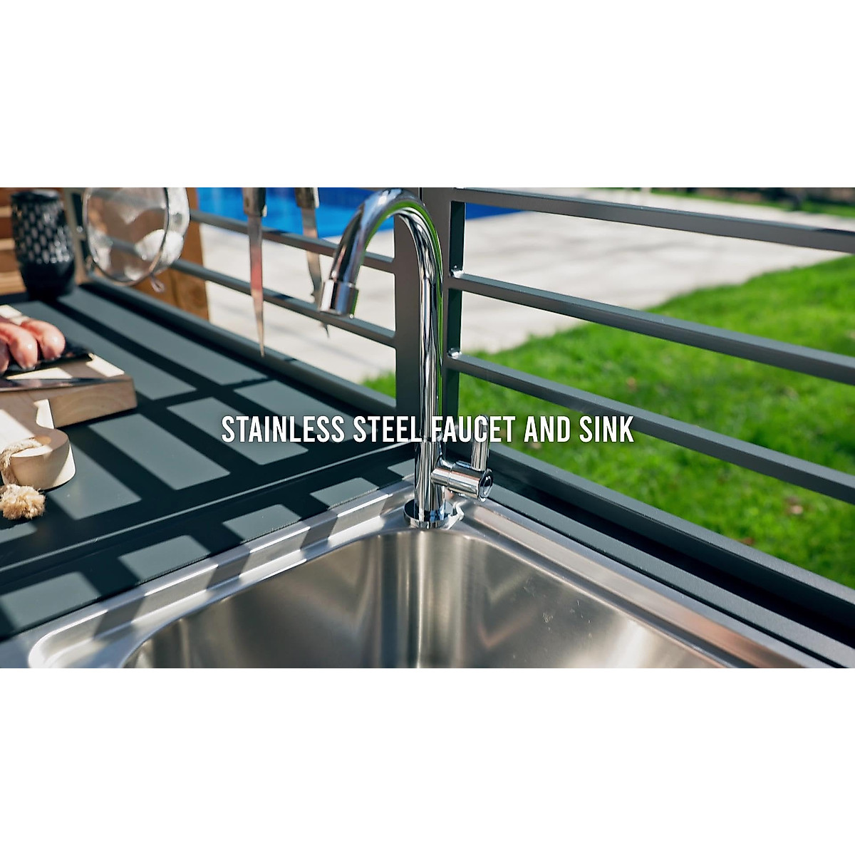 Domi 5-Piece Outdoor Kitchen Island with Storage, Aluminum Kitchen Islands Stainless Steel Sink w/Faucet, Corner Bar Storage Cabinet, Outdoor Kitchen with Protective Cover for Deck, Patio