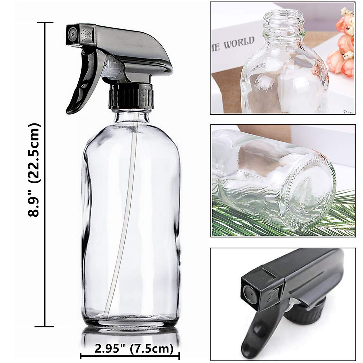 Glass Spray Bottle, Niuta 16 OZ Clear Glass Empty Spray Bottles with Labels for Plants, Pets, Essential Oils, Cleaning Products (1 Pack, Clear.)