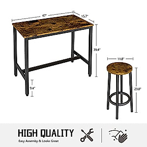 Hooseng Bar Table Set, 47" Pub Table High Table, Counter Dining Table with 2 Stools, 3 Piece Rectangle Kitchen Table Set Breakfast Bar Table for 2 Ideal for Kitchen, Living Room, Rustic Brown